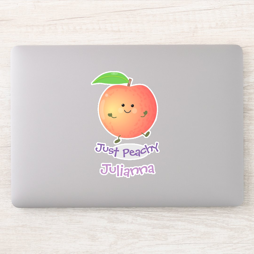 Cute happy peach just peachy cartoon illustration sticker | Zazzle