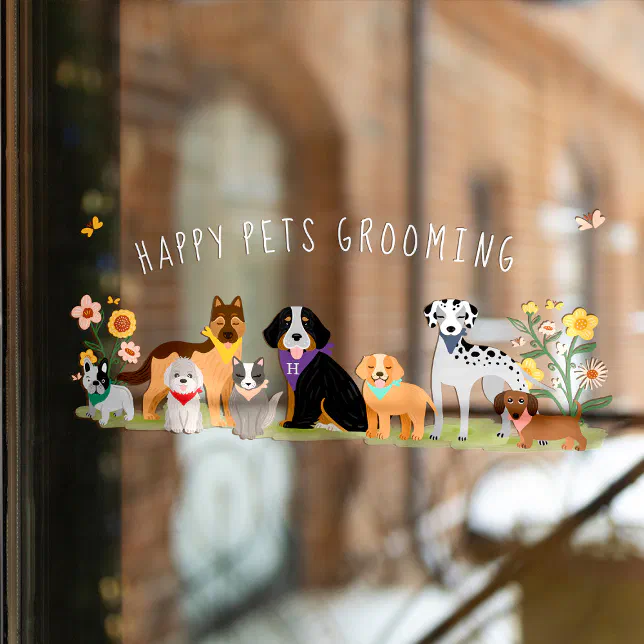 Cute Happy Pet Family Pet Care, Grooming Business Window Cling | Zazzle