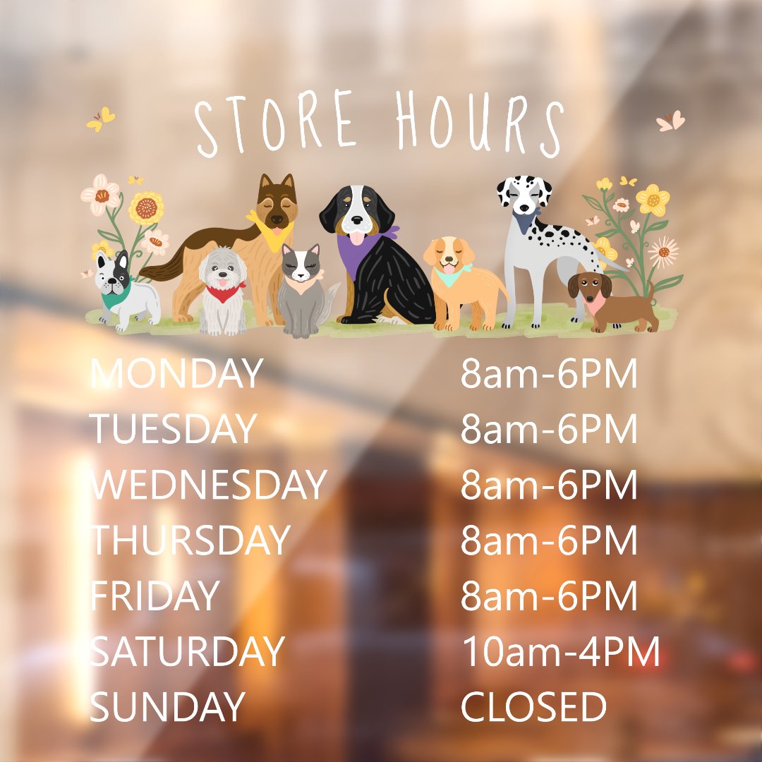Cute Happy Pets Business Store Hours Window Cling | Zazzle