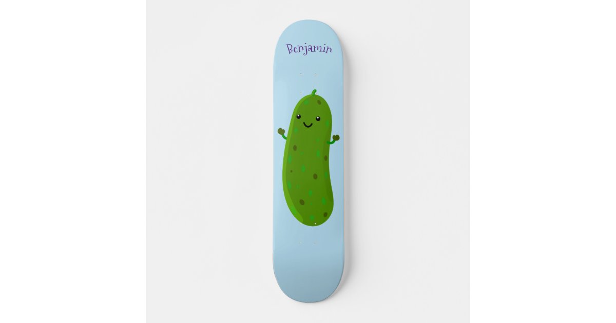 Cute happy pickle cartoon illustration skateboard | Zazzle