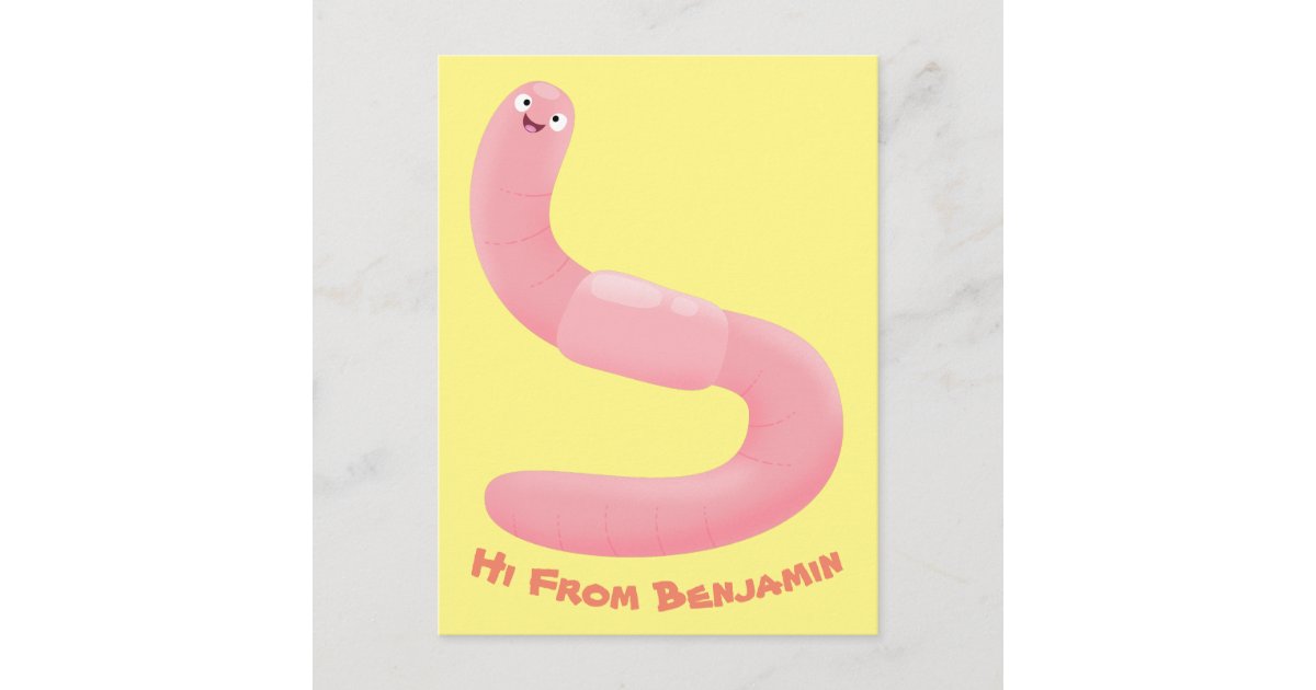 Cute happy pink earthworm cartoon postcard | Zazzle