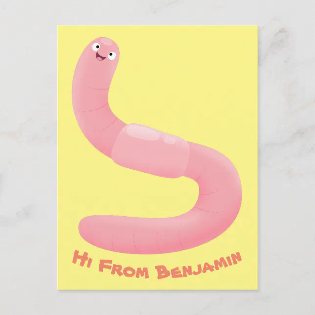 Cute happy pink earthworm cartoon postcard | Zazzle