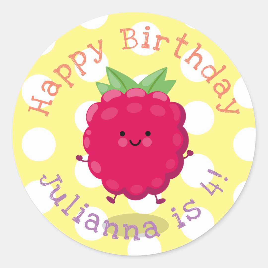 Cute happy raspberry cartoon illustration classic round sticker | Zazzle