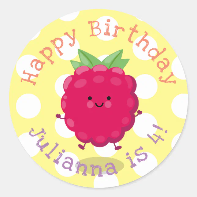 Cute happy raspberry cartoon illustration classic round sticker | Zazzle