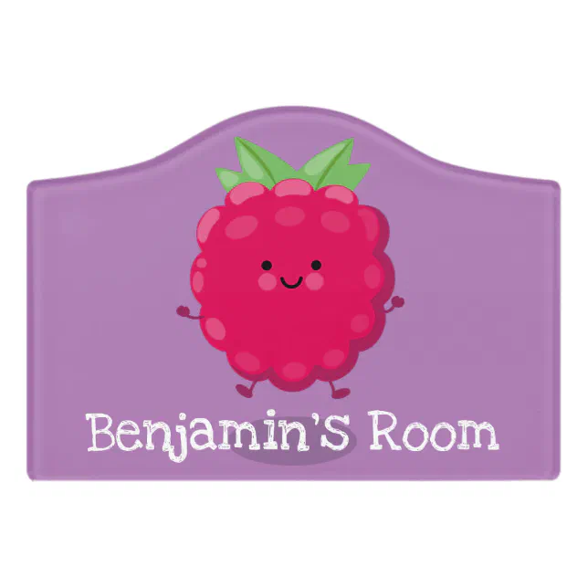 Cute happy raspberry cartoon illustration door sign | Zazzle