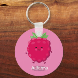 Cute happy raspberry cartoon illustration keychain | Zazzle