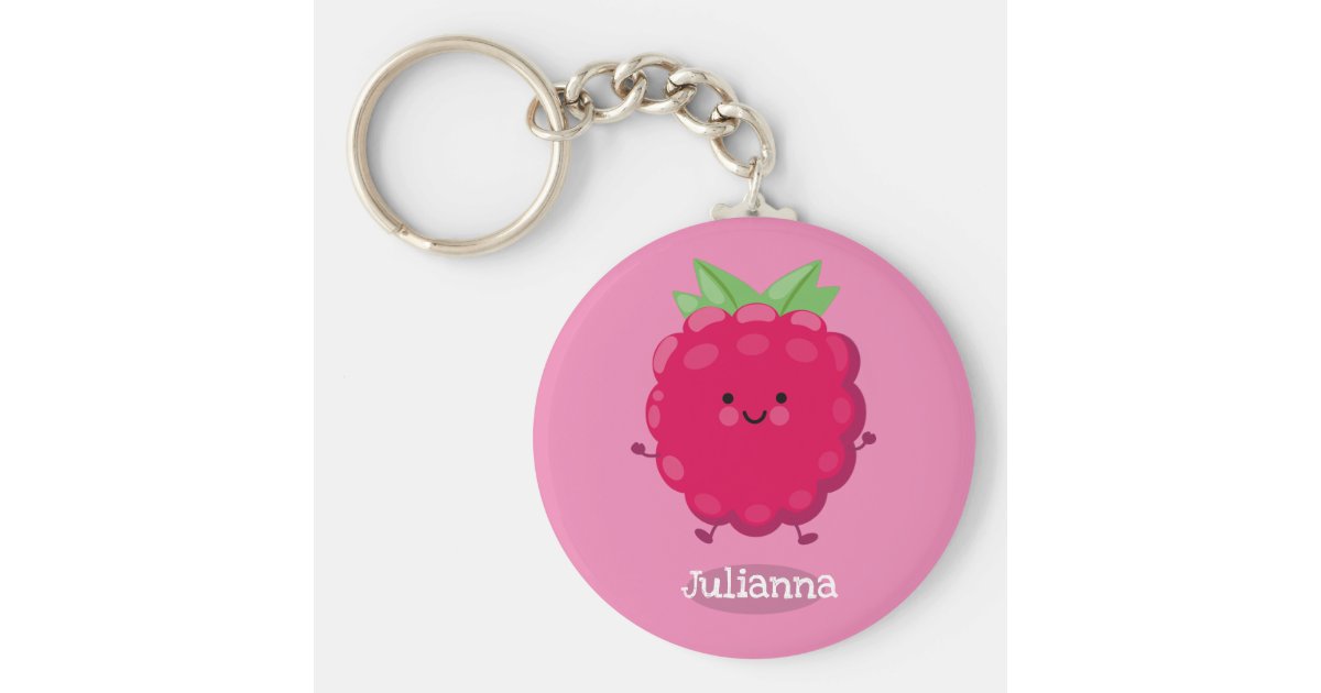 Cute happy raspberry cartoon illustration keychain | Zazzle