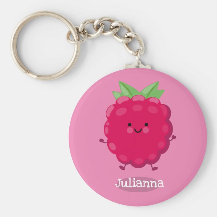 Cute happy raspberry cartoon illustration keychain | Zazzle