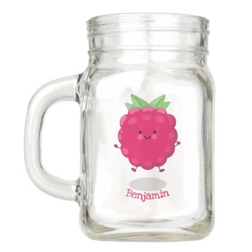 Cute happy raspberry cartoon illustration mason jar | Zazzle