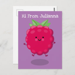 Cute happy raspberry cartoon illustration postcard | Zazzle