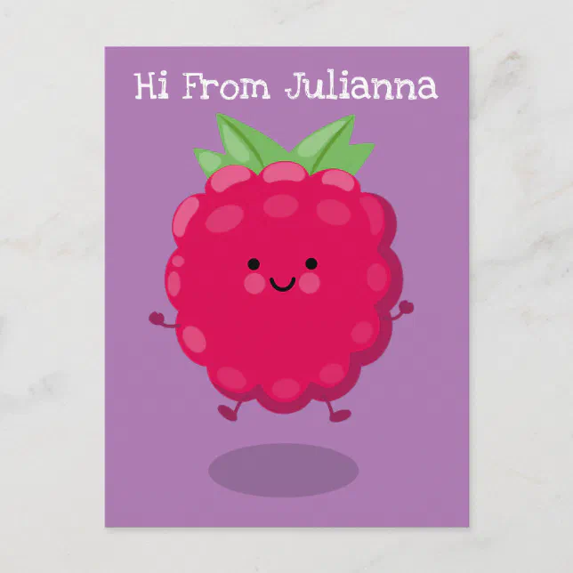 Cute happy raspberry cartoon illustration postcard | Zazzle