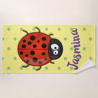 Cute happy red ladybug cartoon illustration beach towel | Zazzle