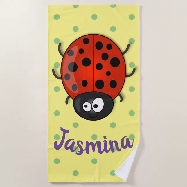 Cute happy red ladybug cartoon illustration beach towel | Zazzle