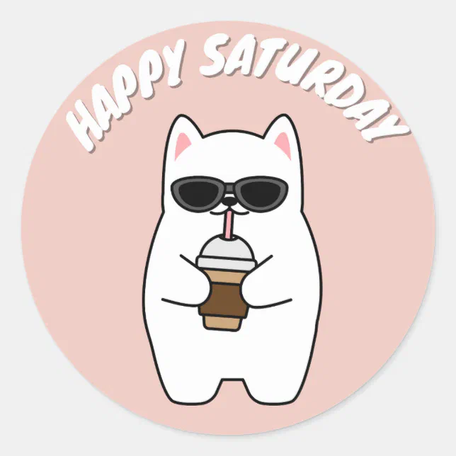 CUTE HAPPY SATURDAY CAT CLASSIC ROUND STICKER | Zazzle
