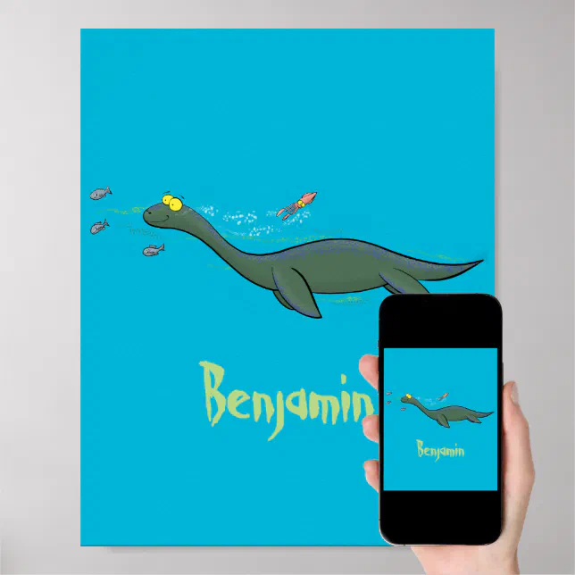 Cute, happy sea monster plesiosaur cartoon poster | Zazzle
