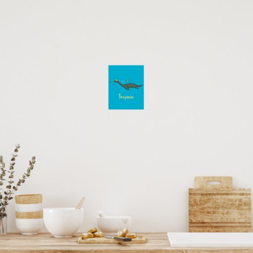 Cute, happy sea monster plesiosaur cartoon poster | Zazzle