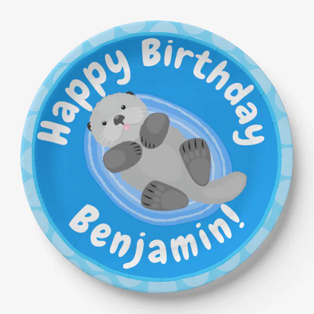 Cute happy sea otter blue cartoon illustration paper plates | Zazzle