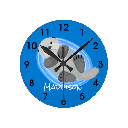 Cute happy sea otter blue cartoon illustration round clock | Zazzle.com