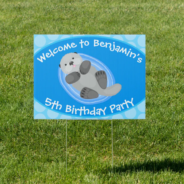 Cute happy sea otter blue cartoon illustration sign | Zazzle