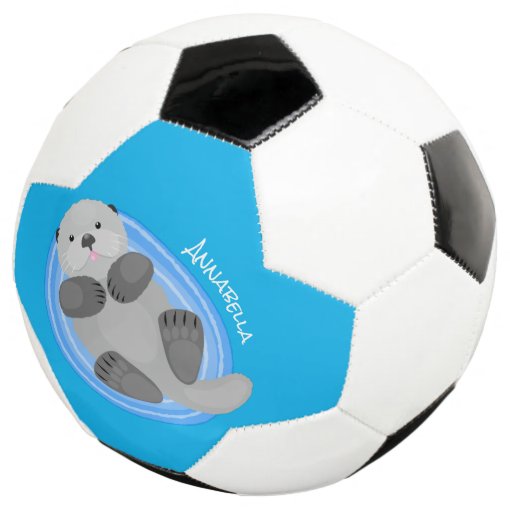 Cute happy sea otter blue cartoon illustration soccer ball | Zazzle