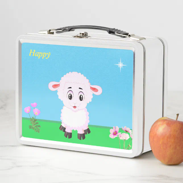 Cute happy sheep cartoon, flowers & star metal lunch box | Zazzle