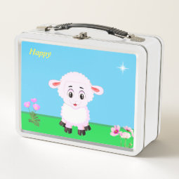 Cute happy sheep cartoon, flowers & star metal lunch box | Zazzle