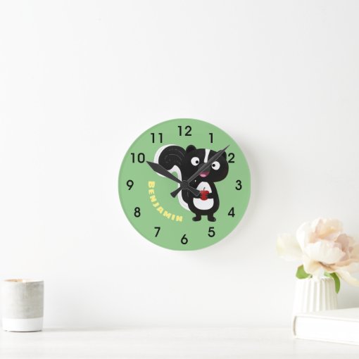 Cute happy skunk cartoon illustration round clock | Zazzle