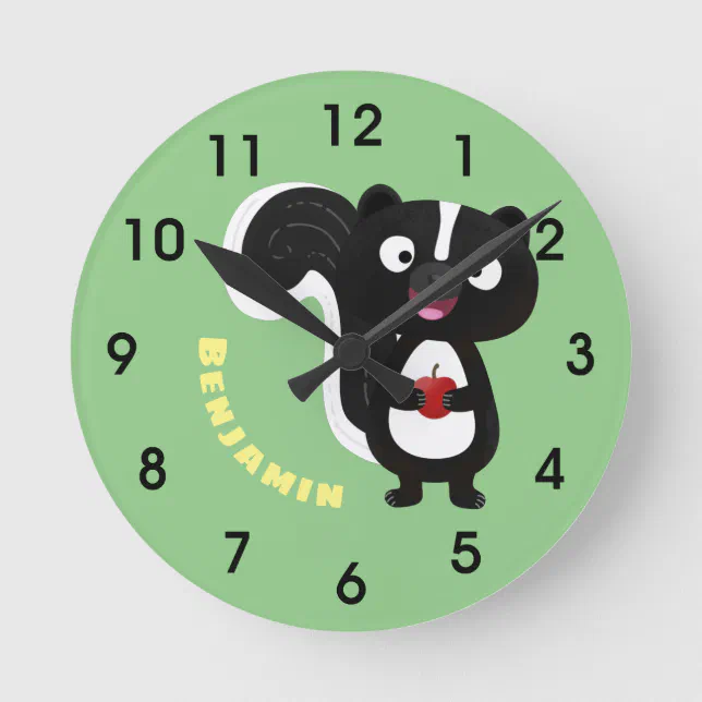 Cute happy skunk cartoon illustration round clock | Zazzle