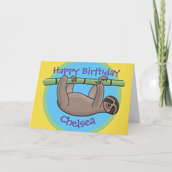Cute happy sloth on bamboo trunk cartoon birthday card | Zazzle.com