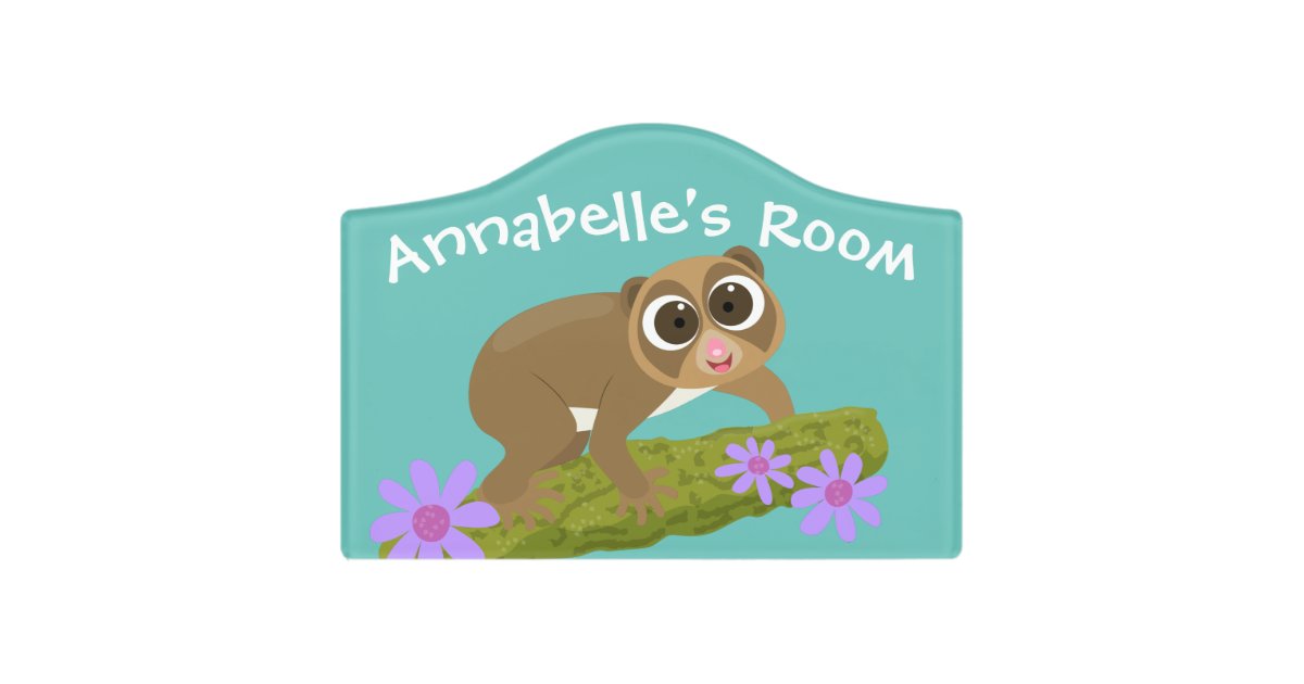 Cute happy slow loris on branch cartoon door sign | Zazzle