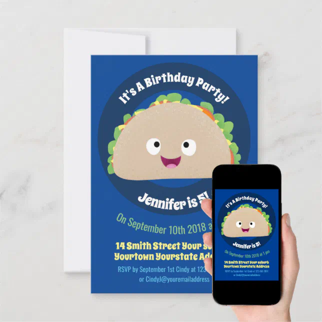 Cute happy smiling taco cartoon illustration invitation | Zazzle