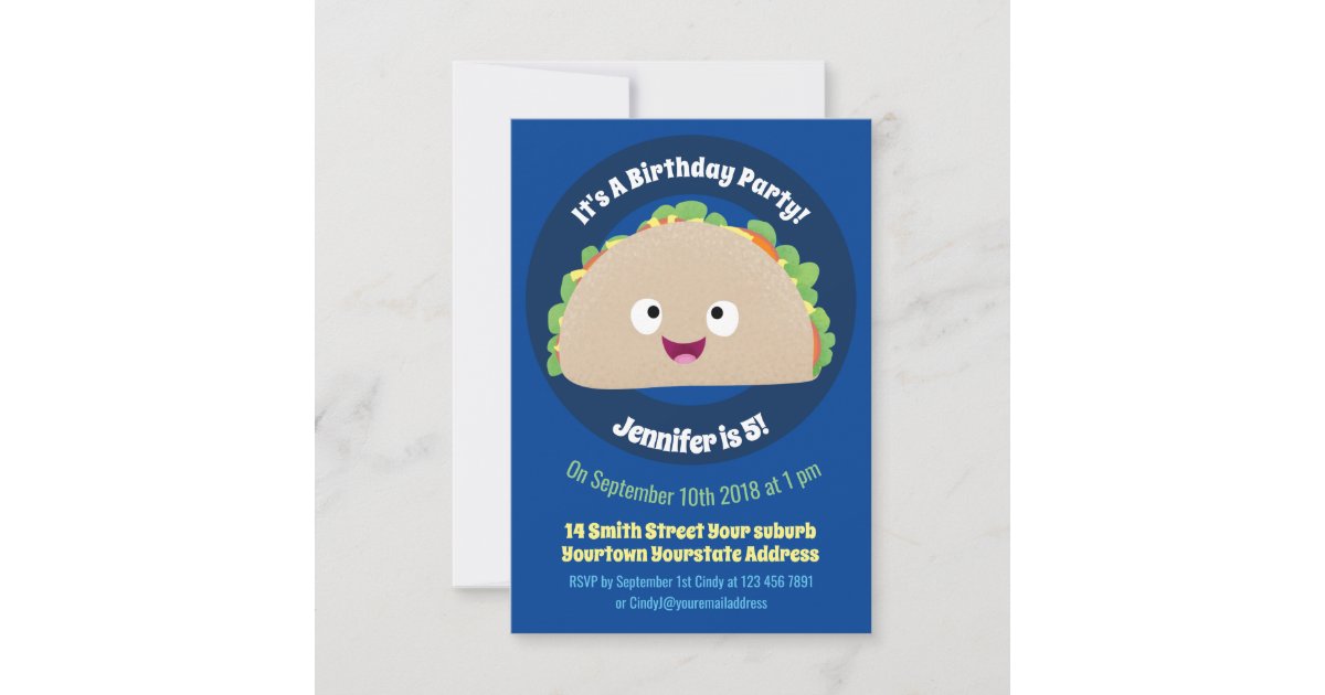 Cute happy smiling taco cartoon illustration invitation | Zazzle