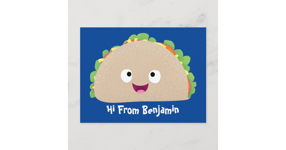 Cute happy smiling taco cartoon illustration postcard | Zazzle