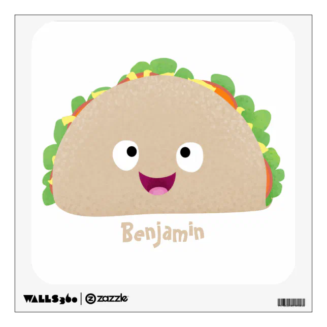 Cute happy smiling taco cartoon illustration wall decal | Zazzle