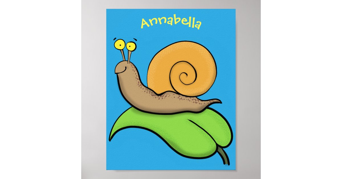 Cute, happy snail on a leaf cartoon illustration poster | Zazzle