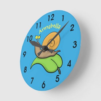 Cute, happy snail on a leaf cartoon illustration round clock | Zazzle