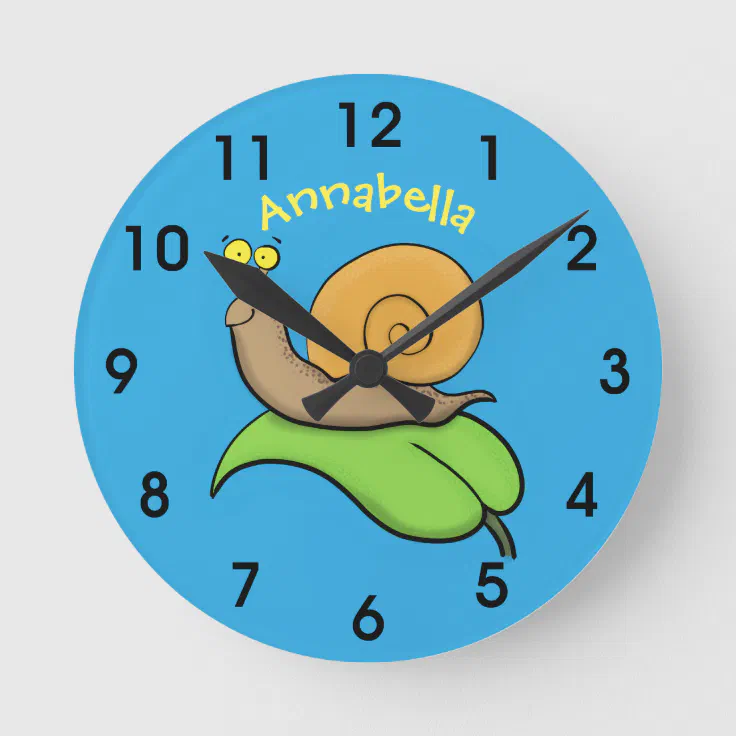 Cute, happy snail on a leaf cartoon illustration round clock | Zazzle