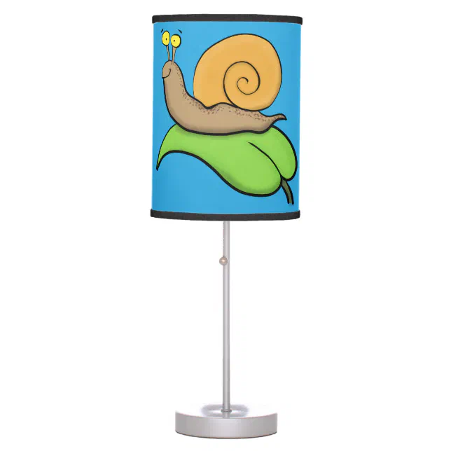 Cute, happy snail on a leaf cartoon illustration table lamp | Zazzle