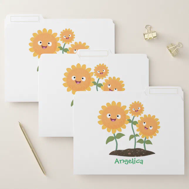 Cute happy sunflowers smiling cartoon illustration file folder | Zazzle