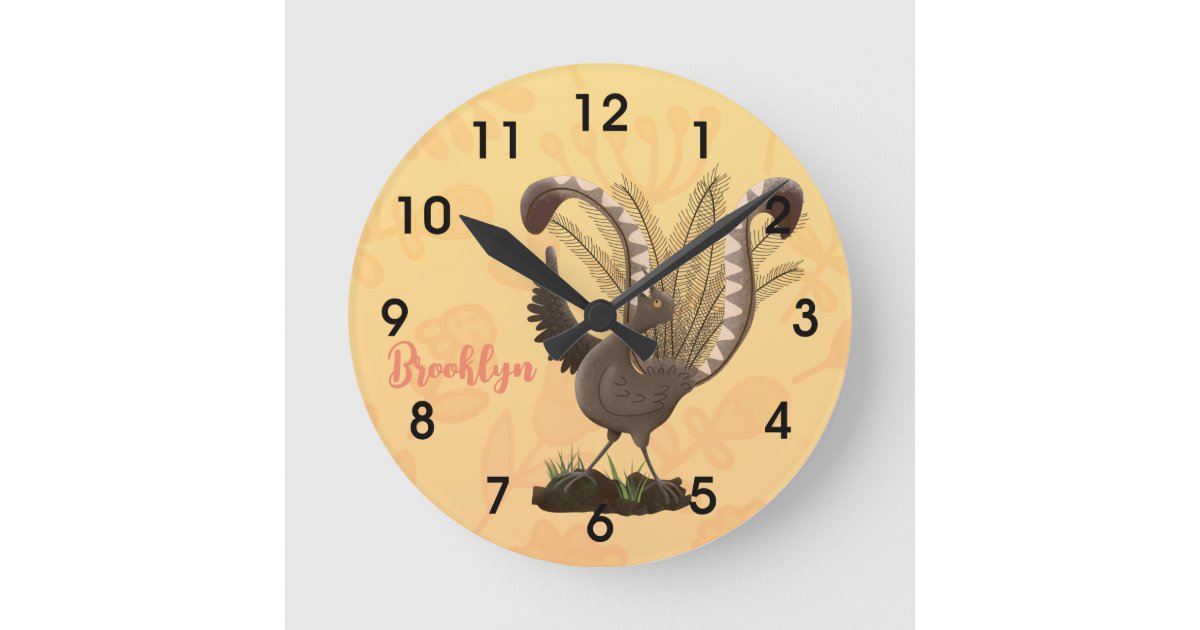 Cute happy superb lyrebird cartoon illustration r round clock | Zazzle