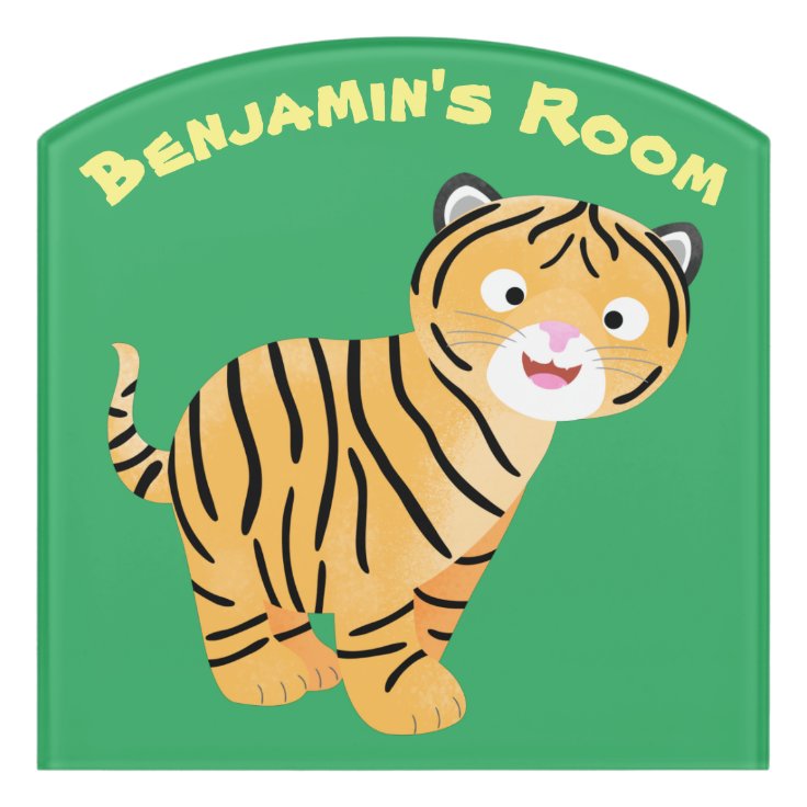 Cute happy tiger cub cartoon door sign | Zazzle