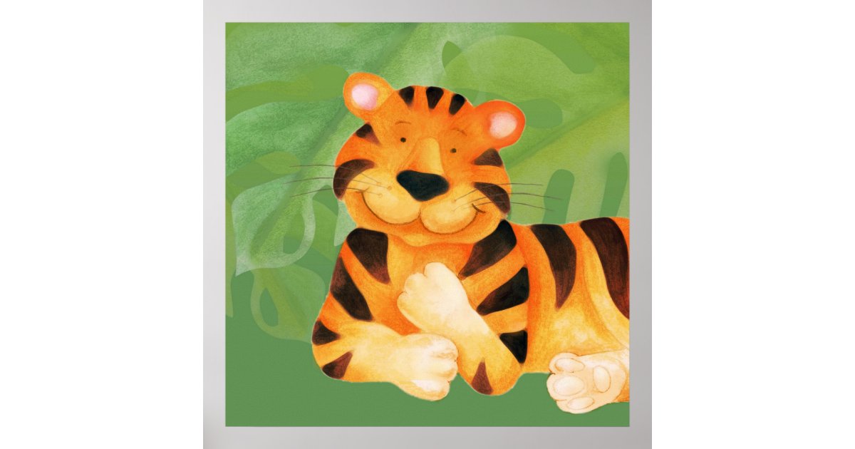 Cute happy tiger square poster print | Zazzle