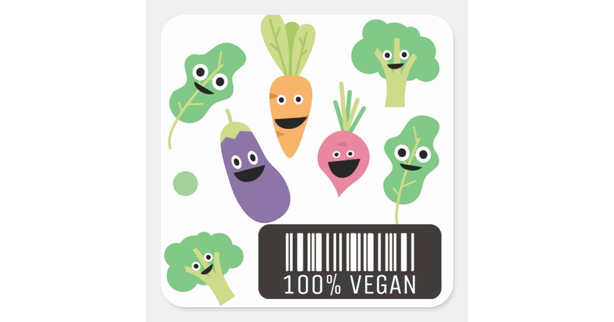 Cute Happy Vegetables 100% Vegan Square Sticker | Zazzle