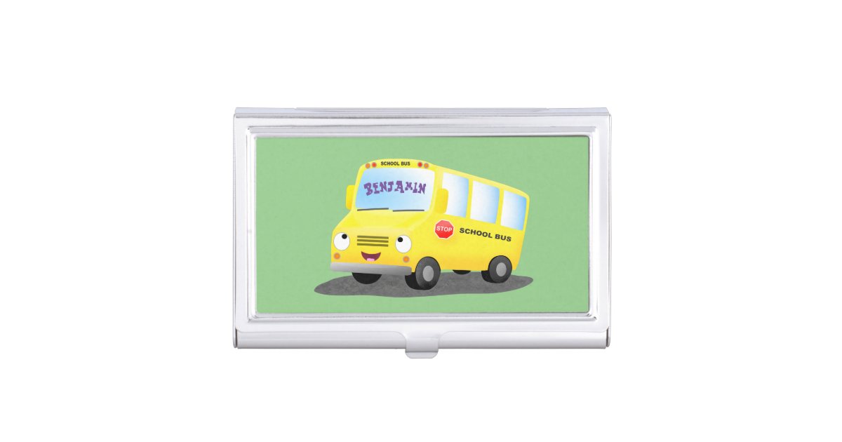 Cute happy yellow school bus cartoon business card case | Zazzle