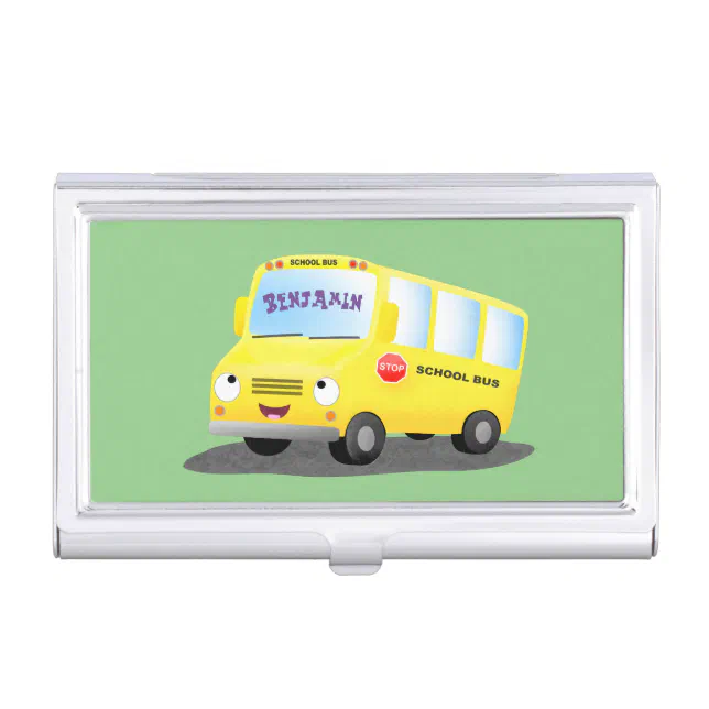 Cute happy yellow school bus cartoon business card case | Zazzle