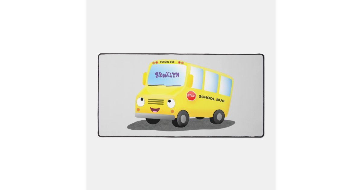 Cute happy yellow school bus cartoon desk mat | Zazzle