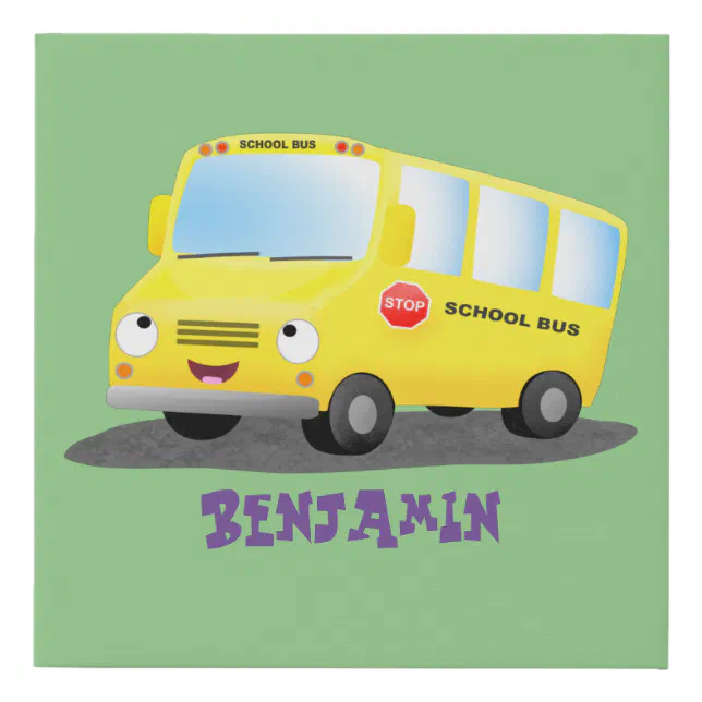 Cute happy yellow school bus cartoon faux canvas print | Zazzle