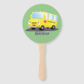 Cute happy yellow school bus cartoon hand fan | Zazzle