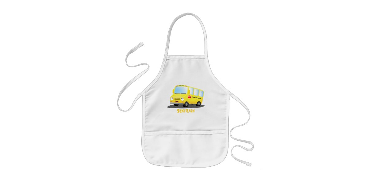 Cute happy yellow school bus cartoon kids' apron | Zazzle