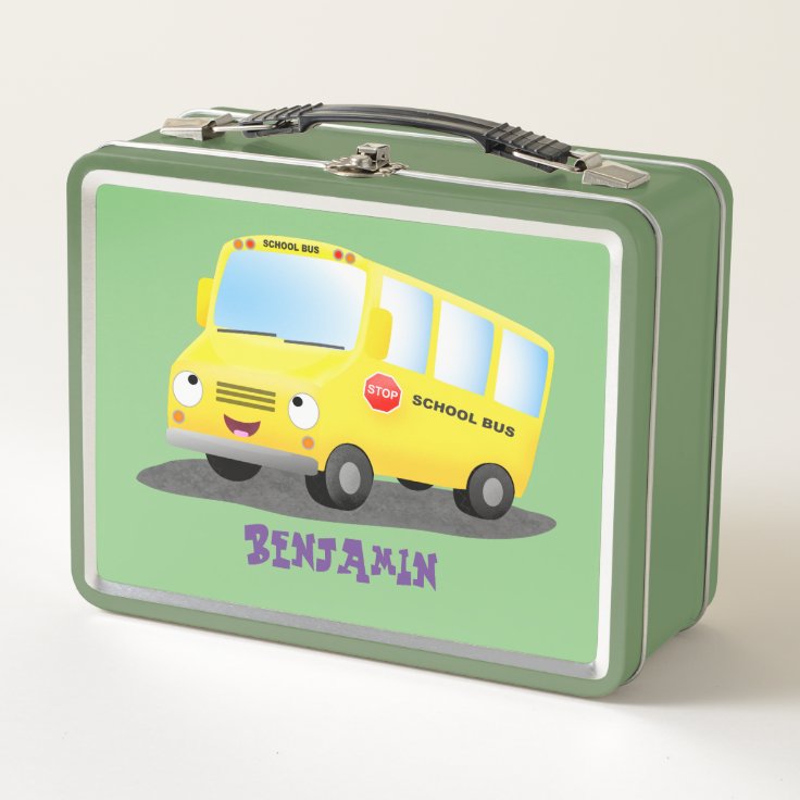Cute happy yellow school bus cartoon metal lunch box | Zazzle